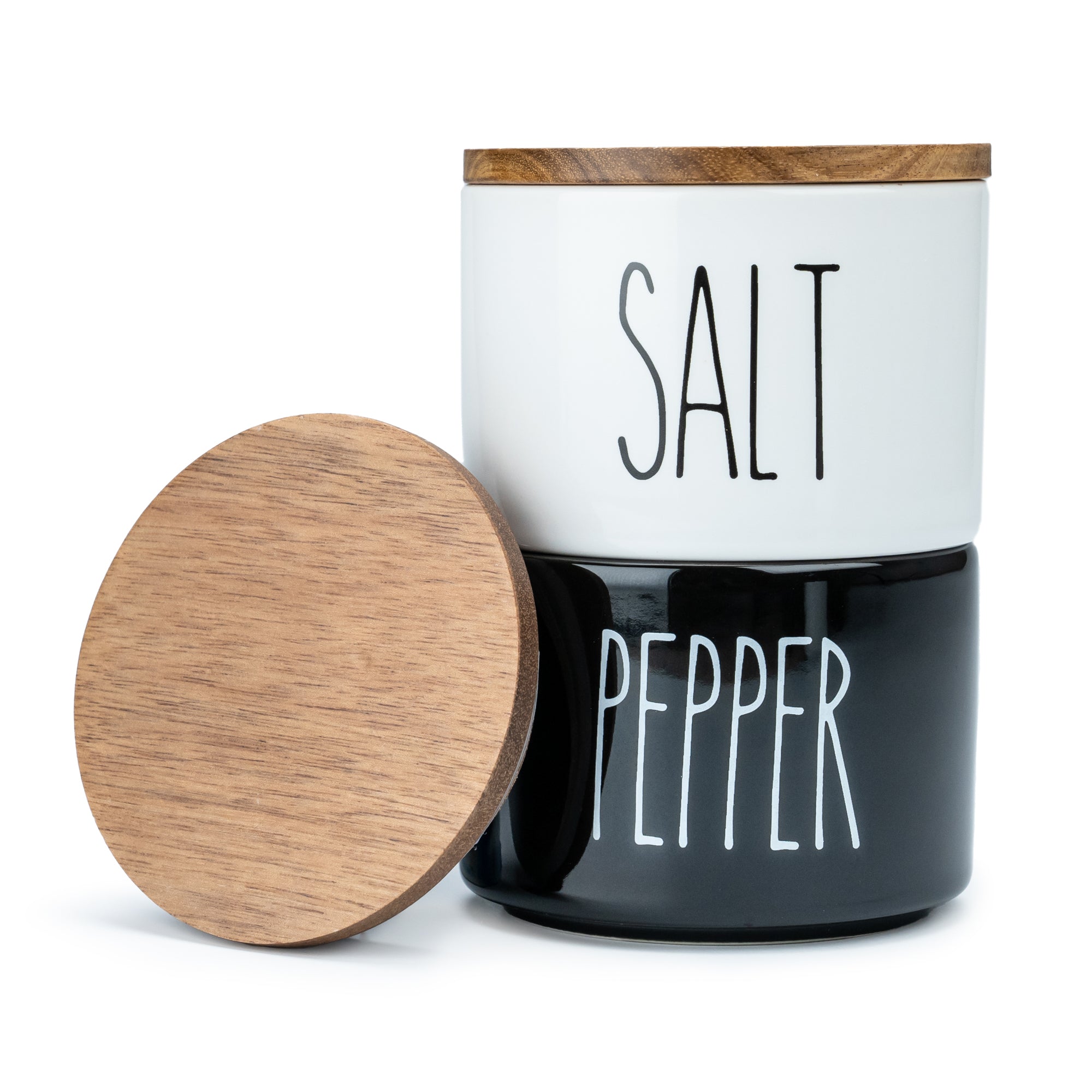 Heartland Home Ceramic Salt and Pepper Cellar Set with Acacia Wood Lid